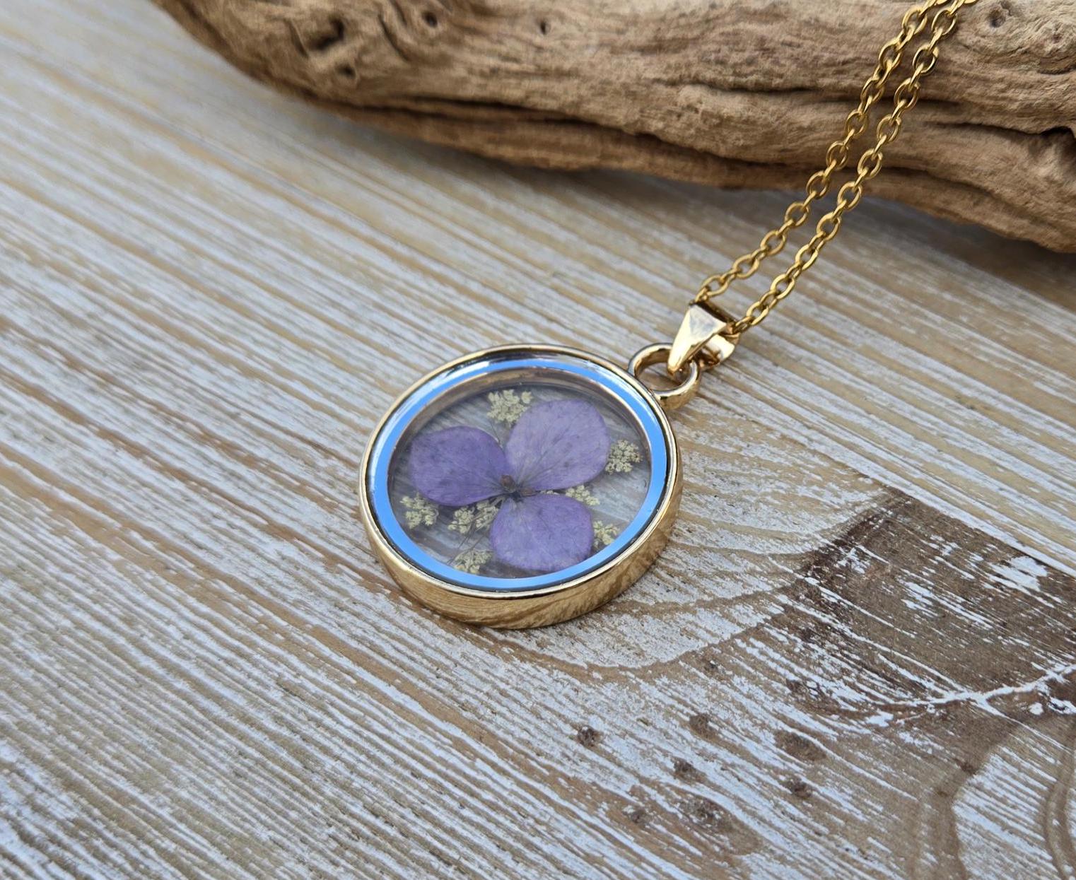 Purple Hydrangea Flower Necklace. Real Pressed Flower Necklace. Gift ...