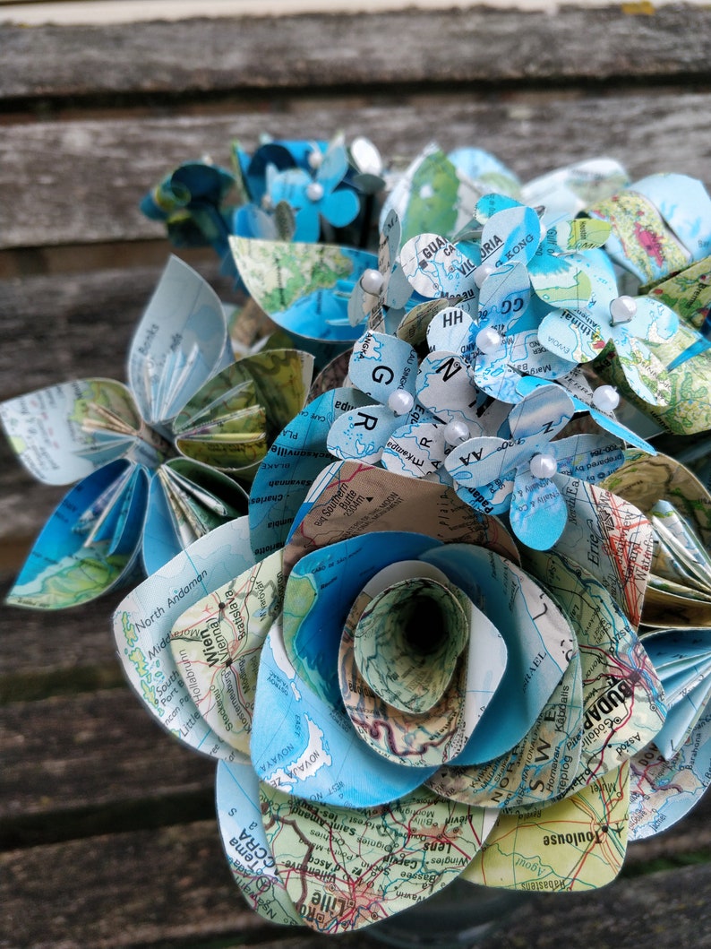 Vintage Map Paper Flower Bouquet, Origami Paper Flowers. Wedding ...