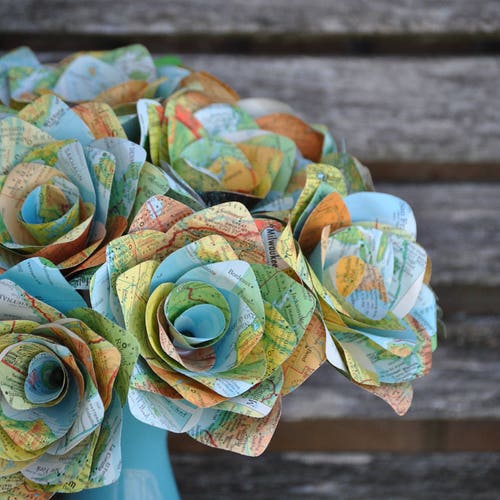 One Dozen Vintage MAP Paper Roses. Handmade Bouquet. Other - Etsy