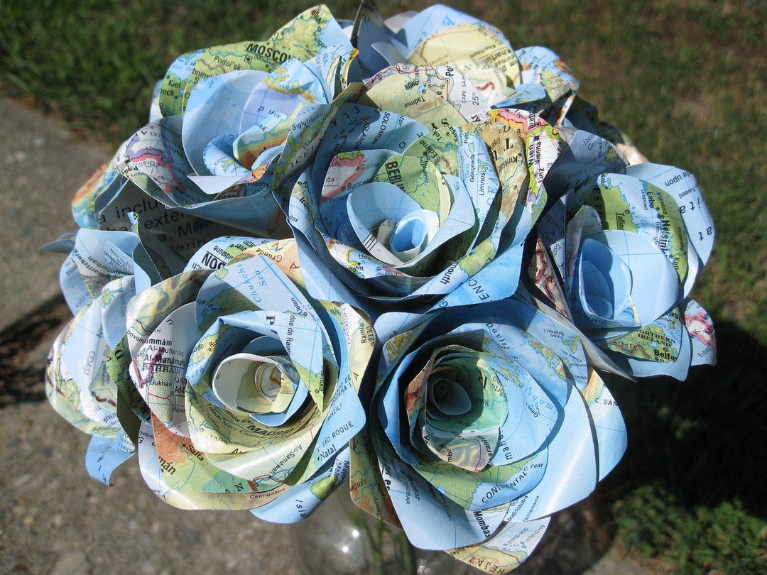 Vintage Map Paper Roses, Half Dozen. Anniversary, Birthday, Wedding ...