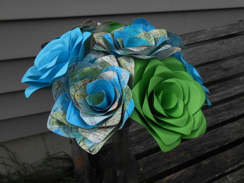 Vintage Blue & Green MAP Paper Roses. Handmade Bouquet. Other - Etsy