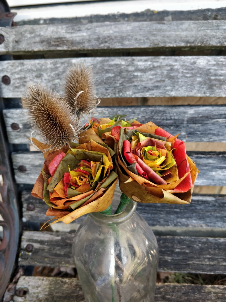 FALL Maple Leaf Rose Bouquet, With Teasel Plants. REAL LEAVES! Fall ...