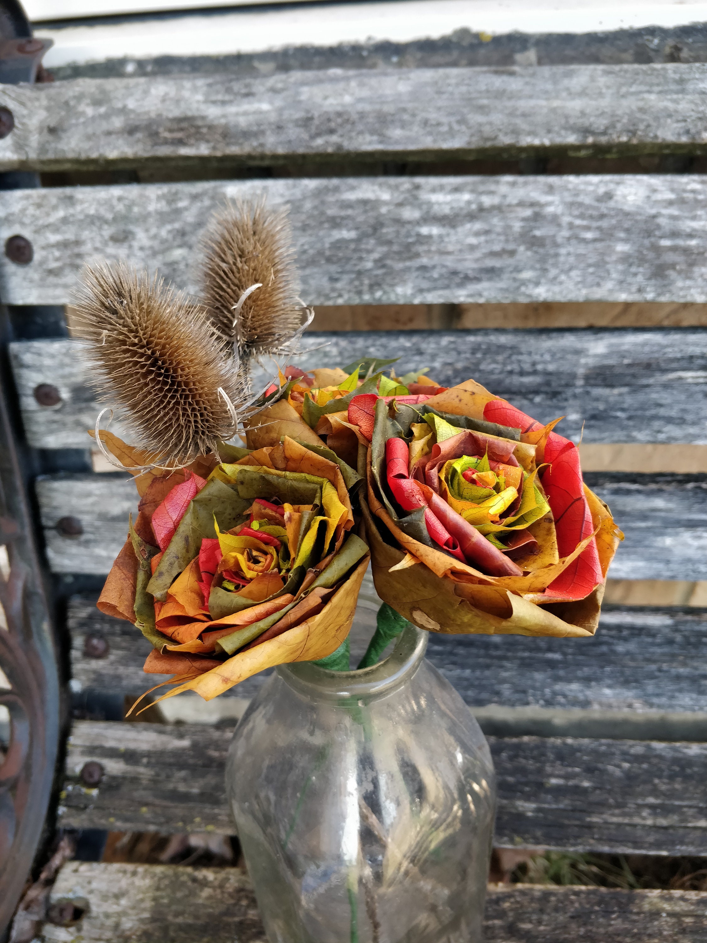 FALL Maple Leaf Rose Bouquet, With Teasel Plants. REAL LEAVES! Fall ...