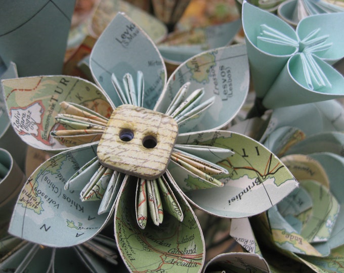 Vintage Map Paper Flower Bouquet, World Map. Teal, Orange, Ivory ...
