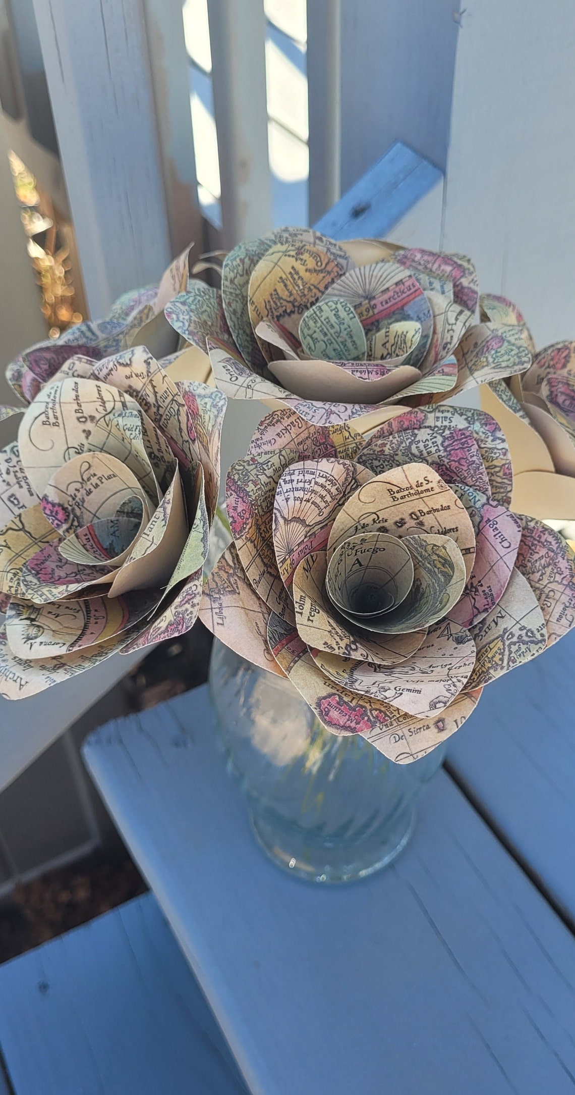 Six Antique Map Paper Roses. Handmade Bouquet. Anniversary, Birthday ...