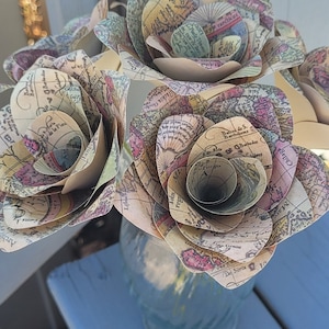 Six Antique Map Paper Roses. Handmade Bouquet. Anniversary, Birthday ...