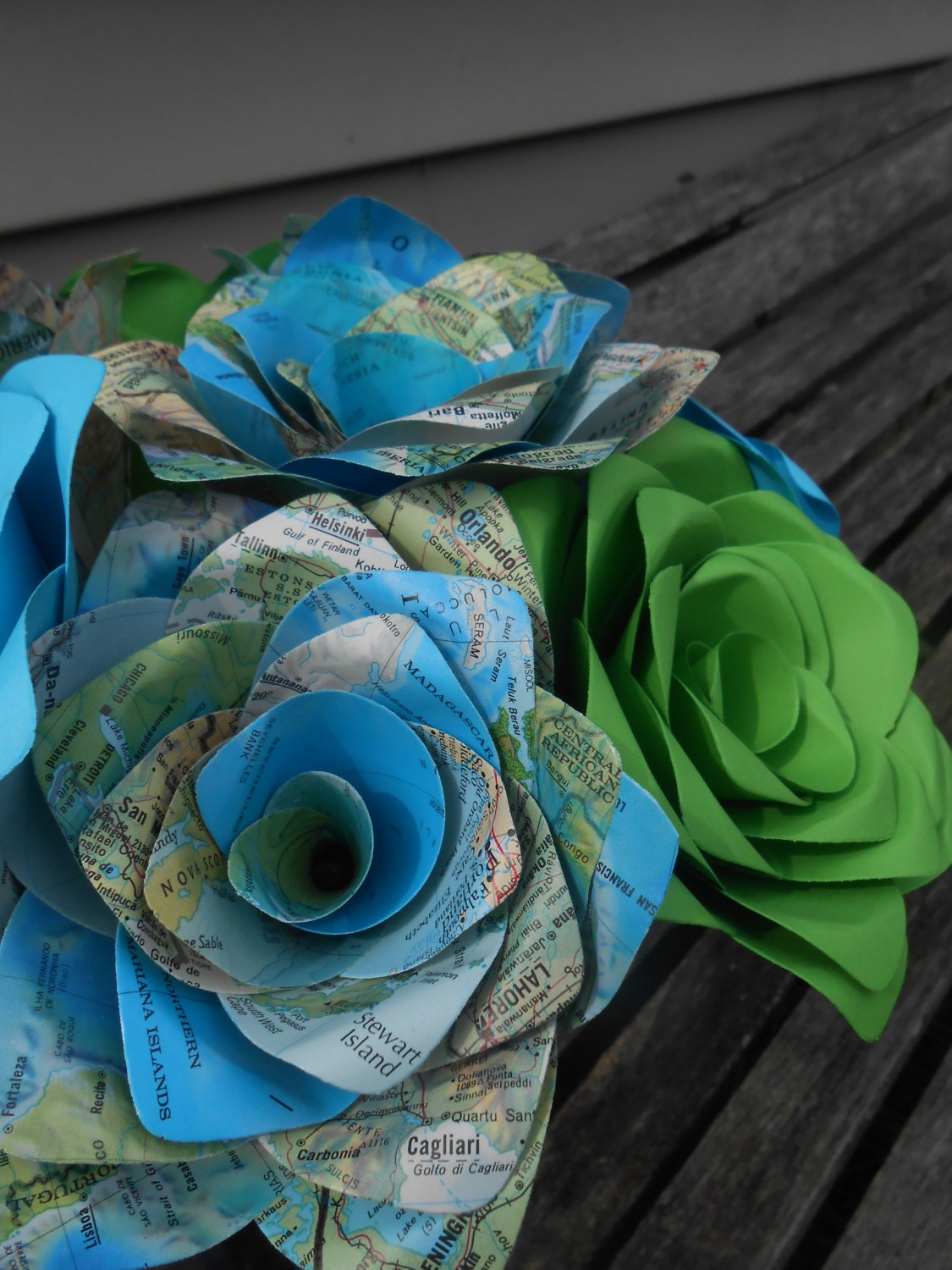 Vintage Blue & Green MAP Paper Roses. Handmade Bouquet. Other | Etsy