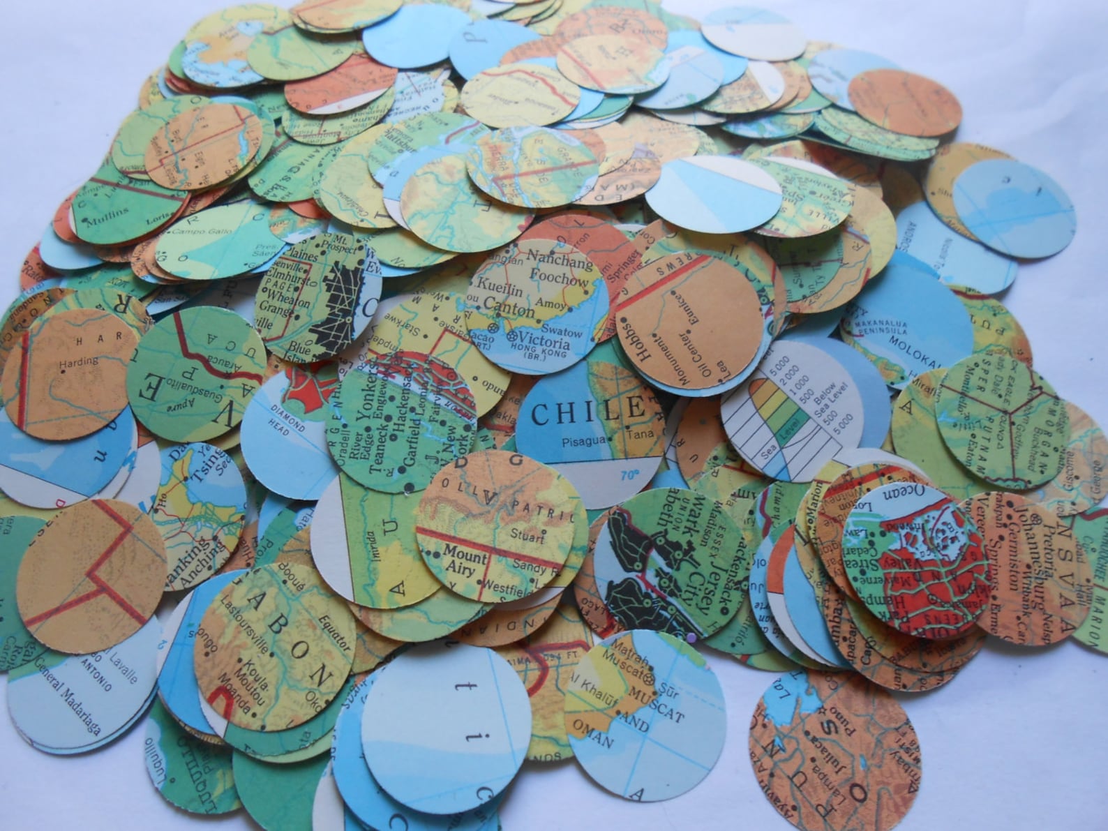 1000 Vintage Map Confetti. Circles OR Hearts. Bright Blue, Orange ...