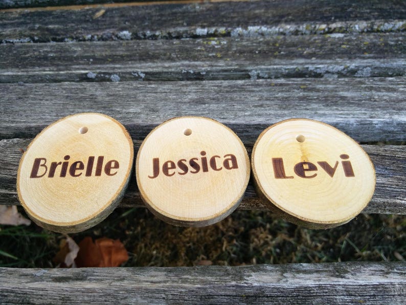 CHRISTMAS STOCKING NAME Tags. Personalized Wood Round, Live Edge ...