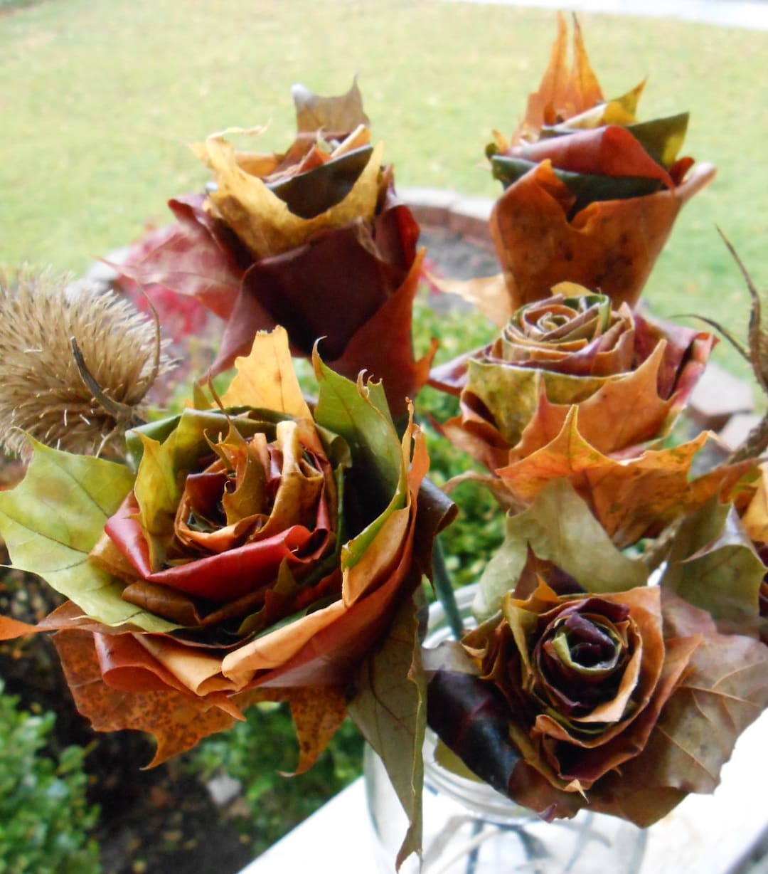 6 FALL Maple Leaf Roses, With Teasel. REAL LEAVES! Fall Home Decor ...