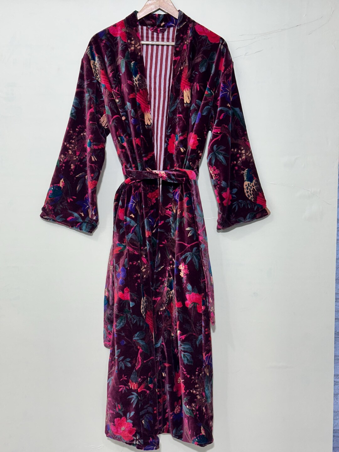 Indian Red Wine Velvet Kimono Robe: Bird Print Kimono Gown - Etsy