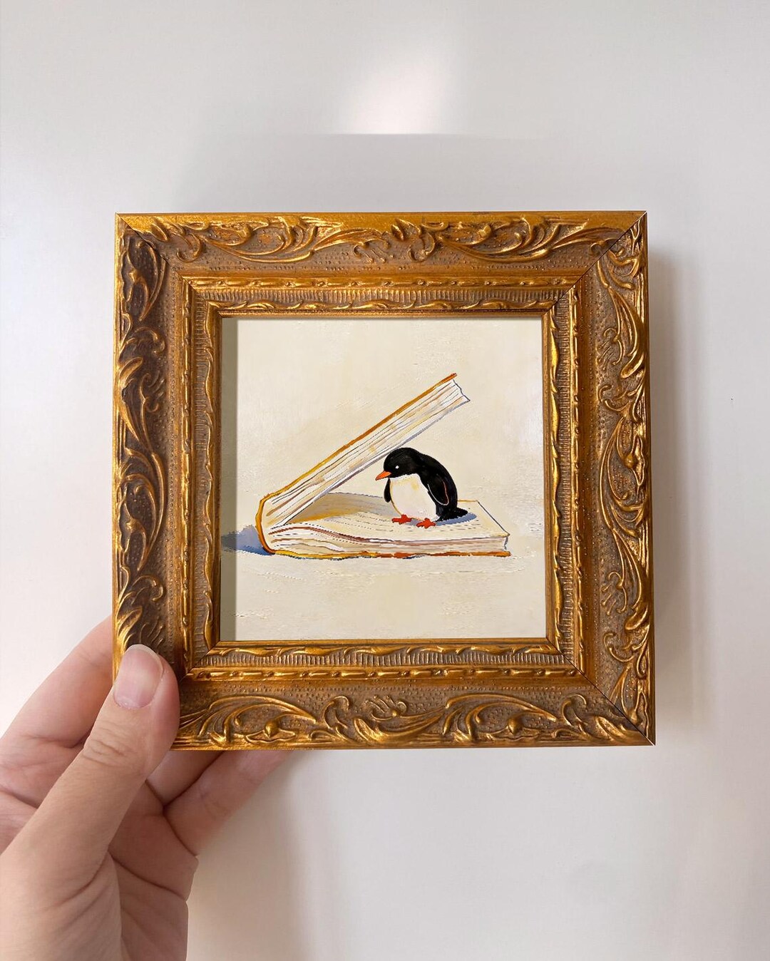Small Hand-painted Oil Painting "book Waddle", Whimsical Animal Art ...