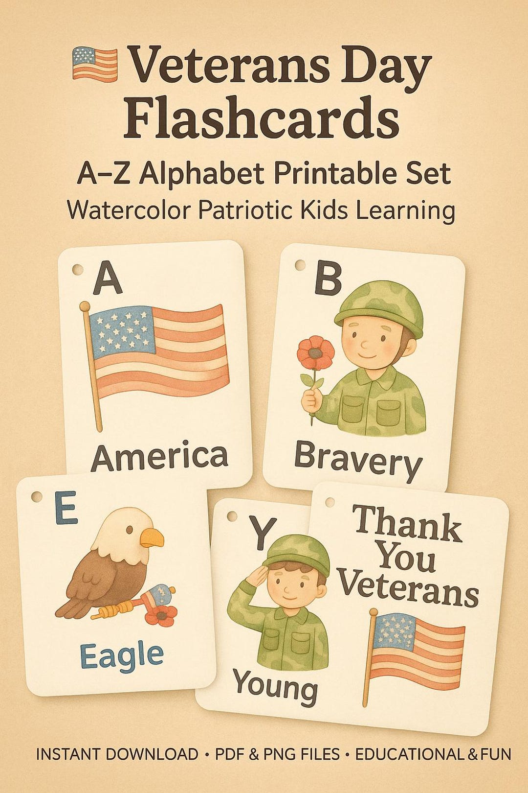 Veterans Day Flashcards, A-Z Watercolor Kids Learning (digital Download ...