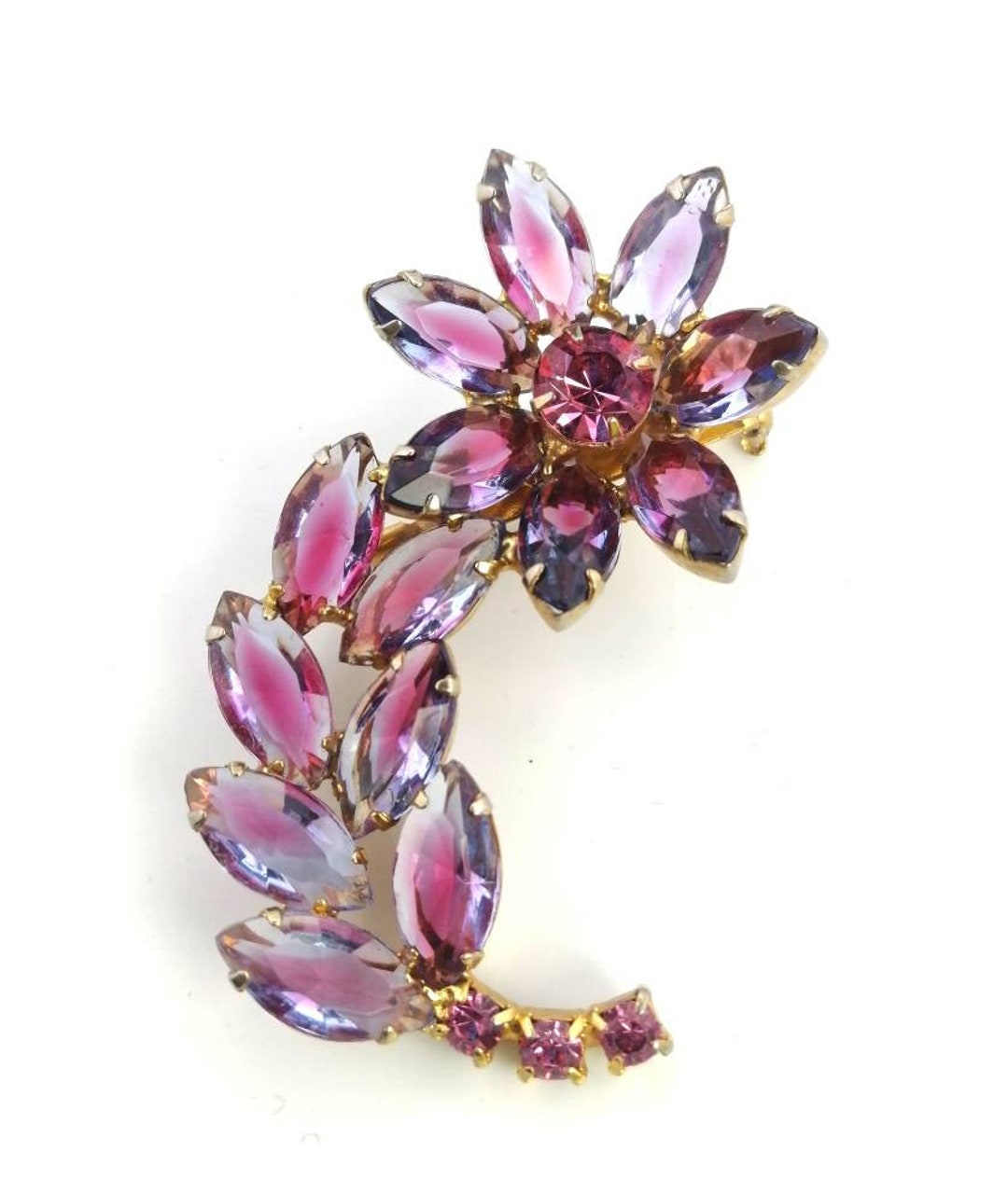Verified Juliana Flower Brooch, Purple Rhinestone Flower, Long Stem ...