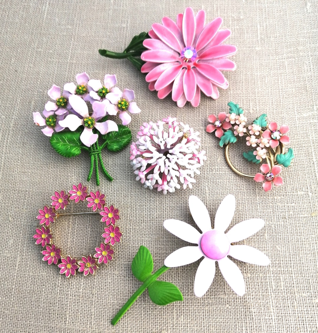 Retro Vintage Pink Enamel Flower Brooches, Spring Floral Pins, Lilac ...