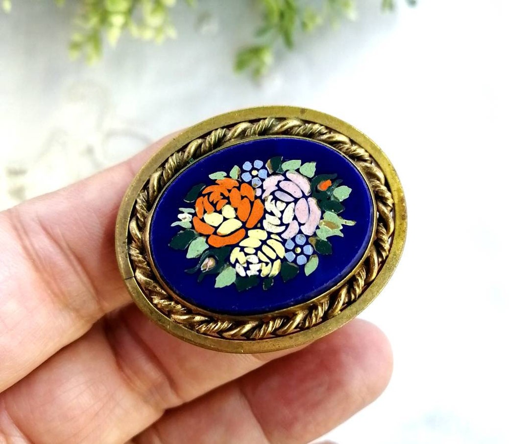 Vintage Blue Floral Cameo Brooch, Antique Oval Cameo Pin, Flower ...