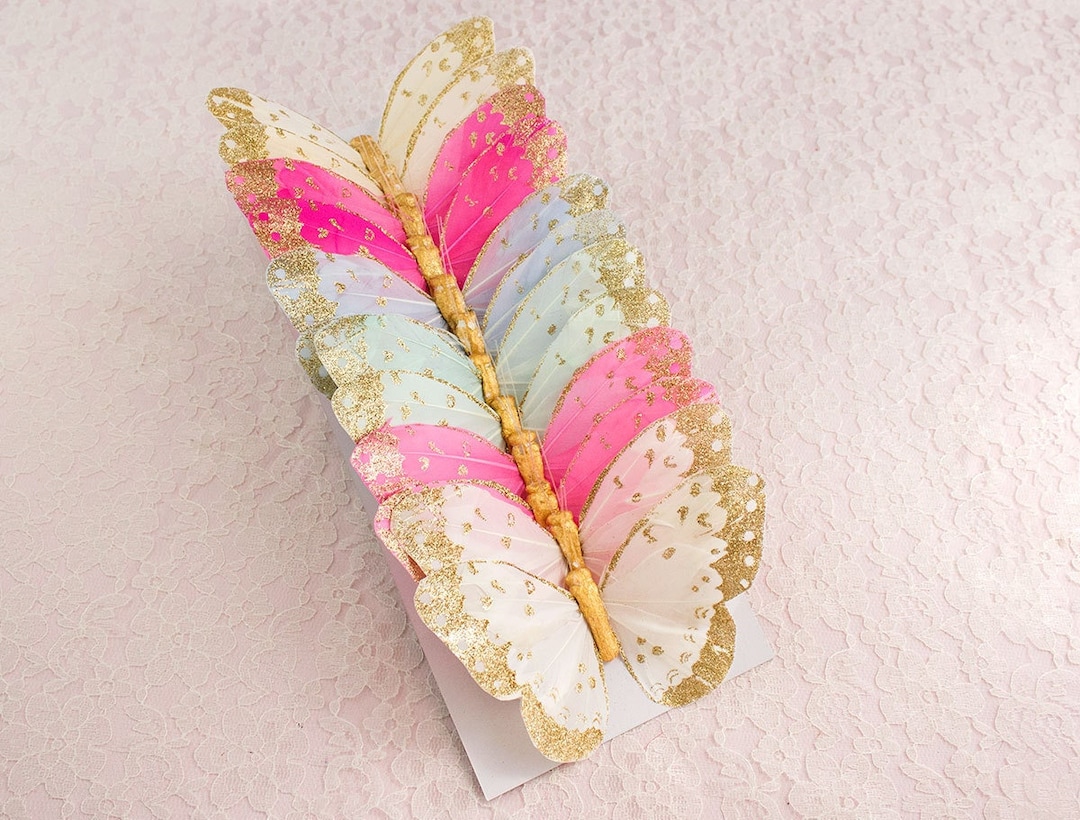 Large Pastel Glitter Feather Butterflies 12 Artificial Feather ...