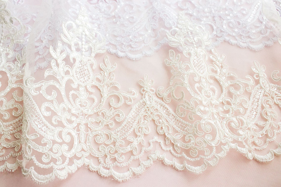 Queen Elizabeth White Embroidered Sequin Beaded Lace Mesh Trim / Bridal ...