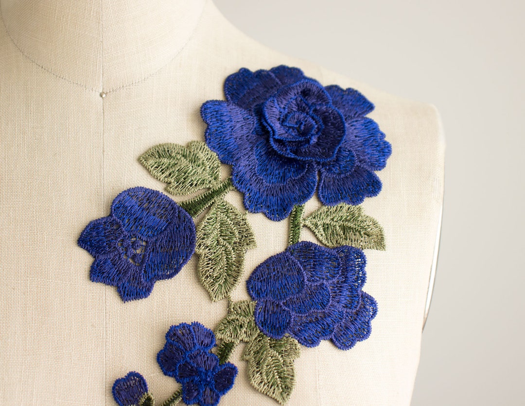 Large NAVY Blue Rose Vine Patch Appliqué 3-D Petals Embroidered Patches ...