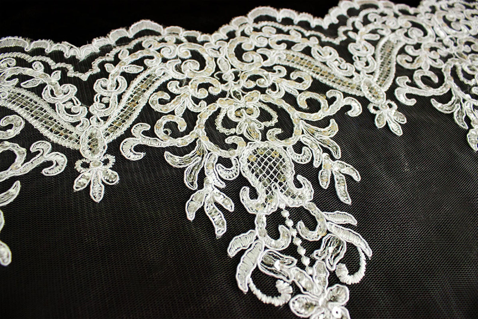 Queen Elizabeth White Embroidered Sequin Beaded Lace Mesh Trim / Bridal ...