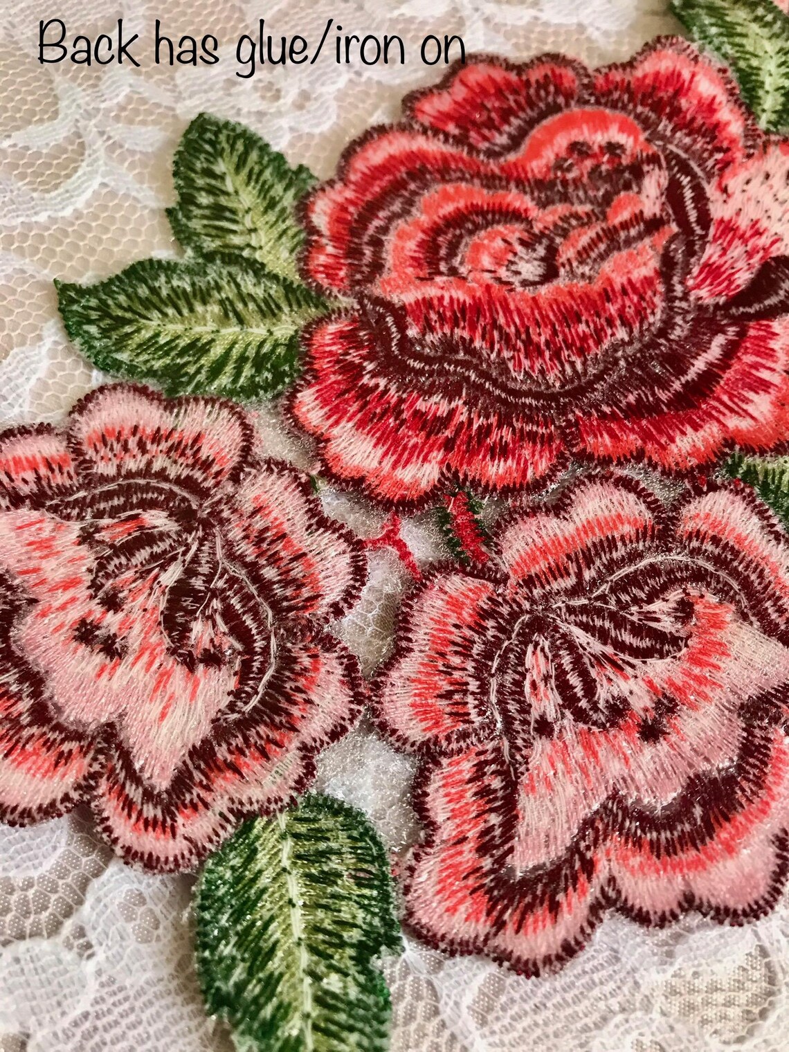 Large Rose Iron on Patch Appliqué Floral Red Pink Embroidered Garment ...