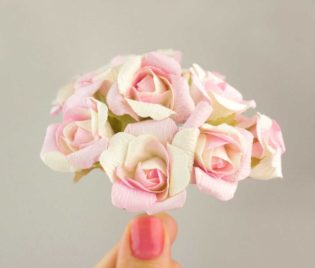 Pink Ivory Two Tone Paper Flowers / Curled Petals / 25 Mm Roses With ...