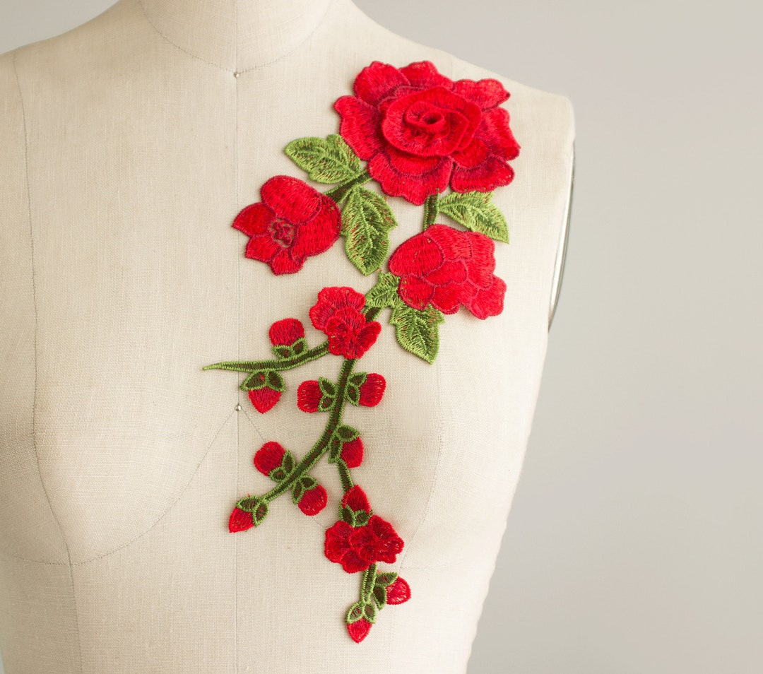 Large RED ROSE Vine Patch Appliqué 3-D Petals Embroidered Patch - Etsy