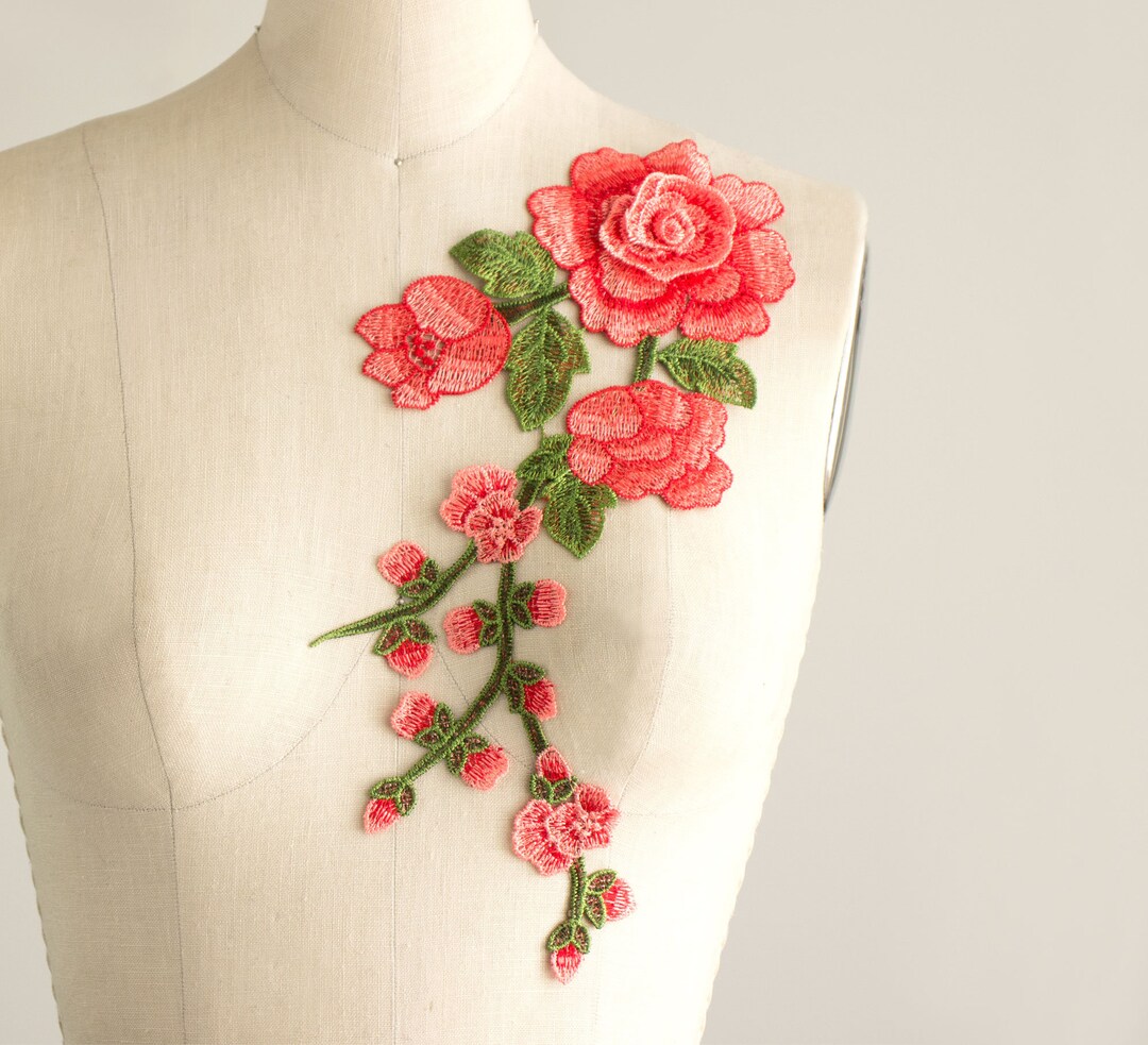 Large CORAL ROSE Vine Patch Appliqué 3-D Petals Embroidered Patch for ...