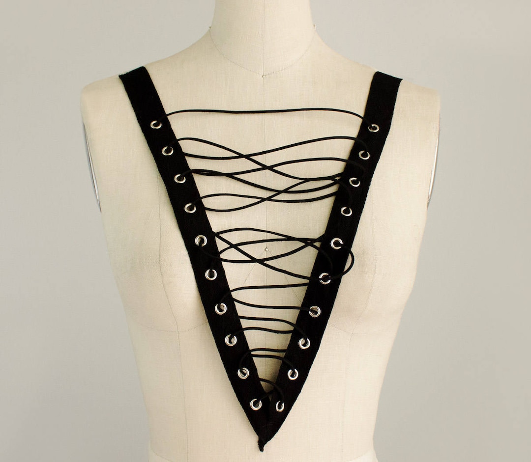 Black Cotton Eyelet Collar Applique With Lacing Unisex T-shirt Tops ...