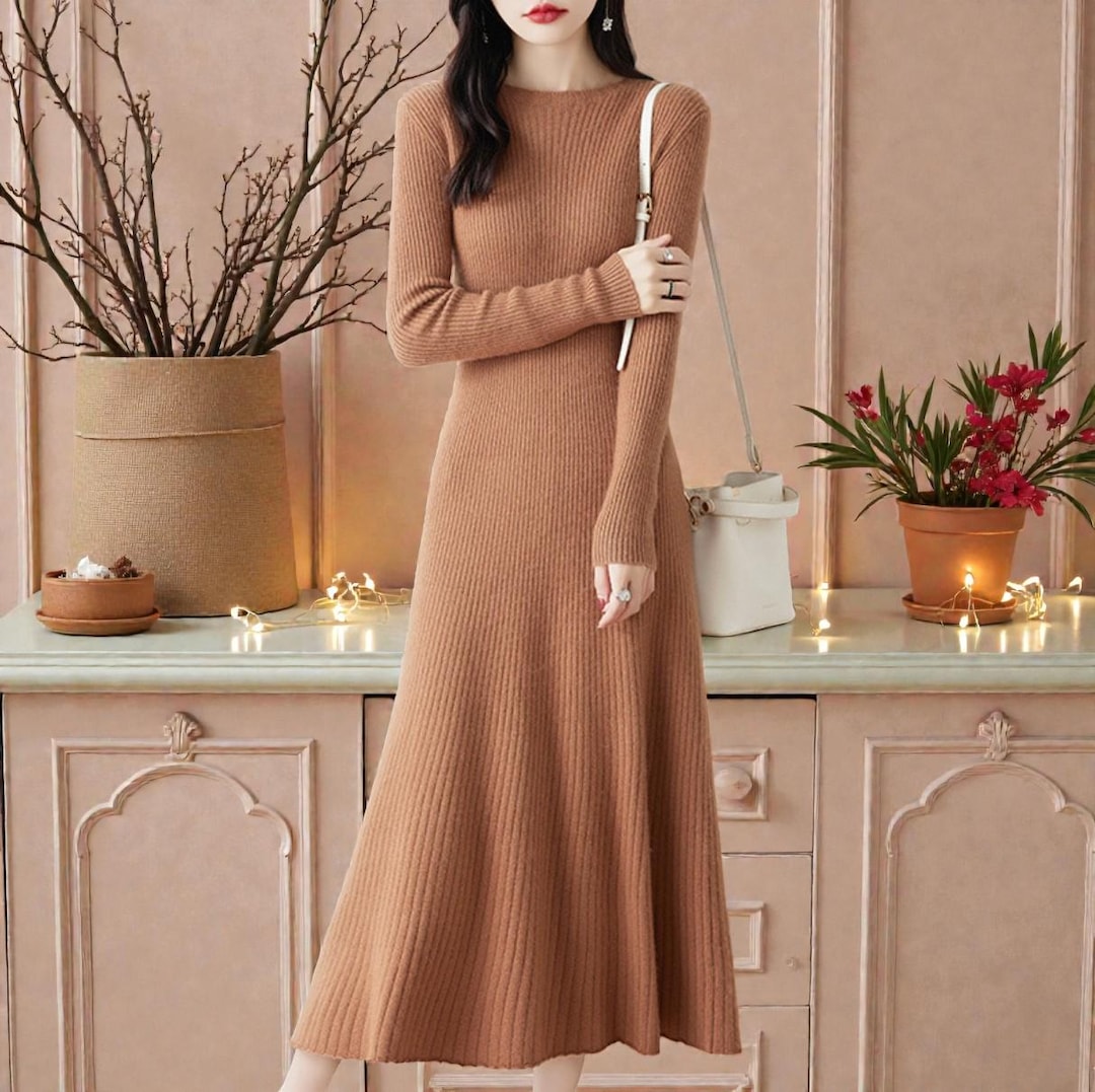 Alpaca Wool Long Sleeve Dress | French Slim-fit Winter Clothing - Etsy