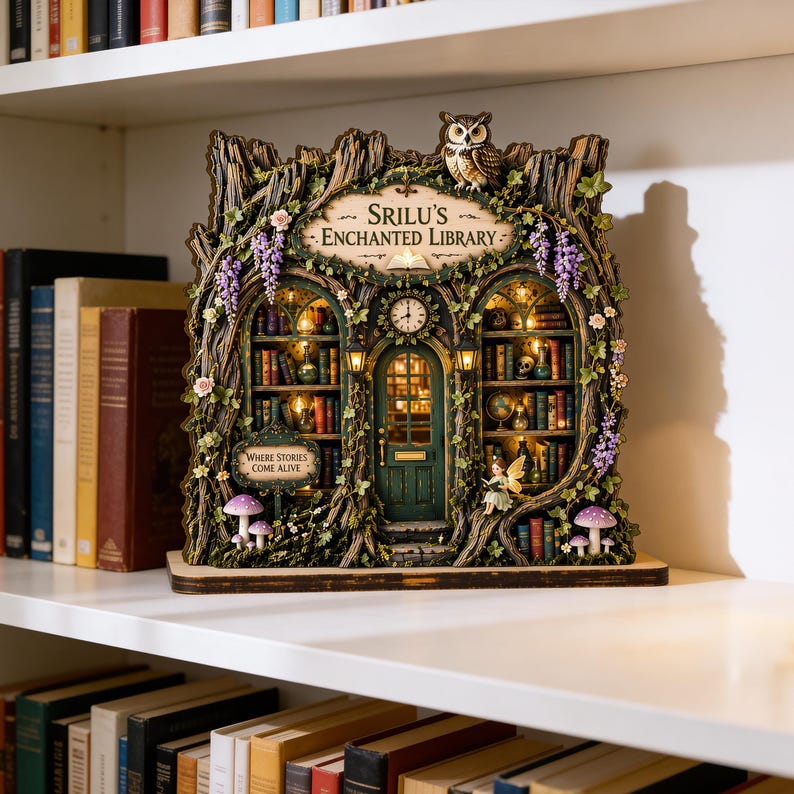 Personalized Enchanted Forest Library Wooden Decor – Fantasy Bookshelf ...