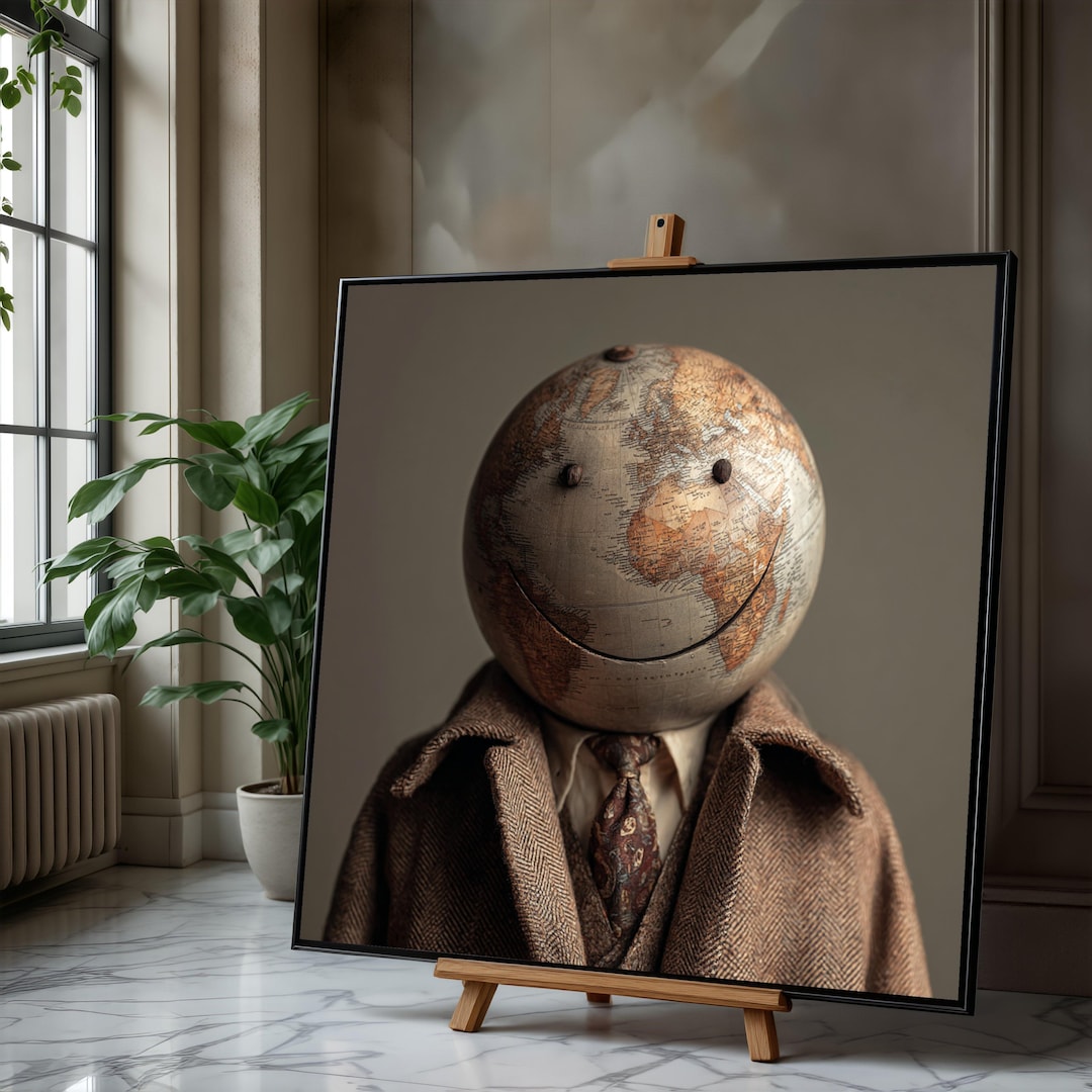 Vintage World Globe Head, Smiling Earth Canvas Wall Art, Surreal Travel ...