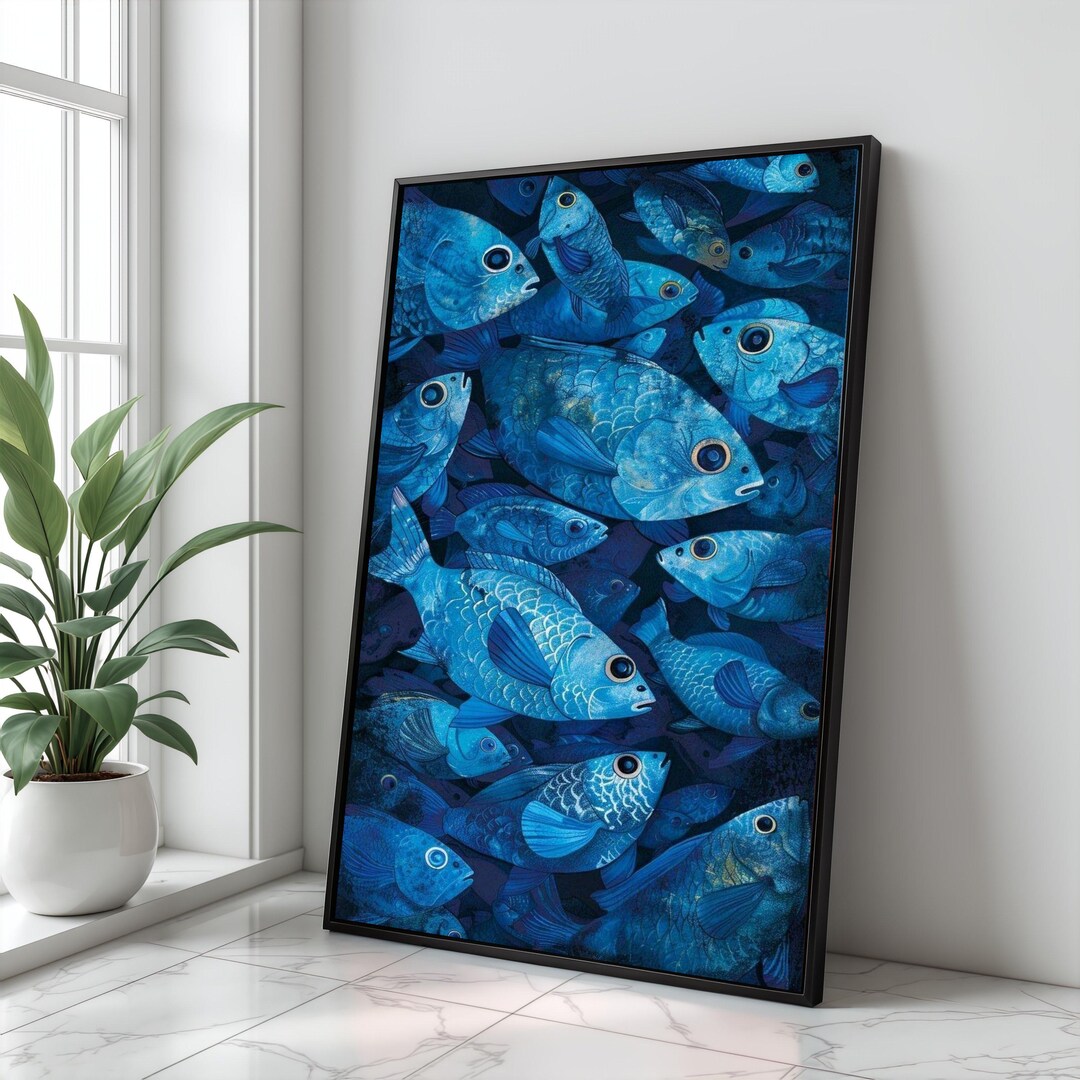 Blue Fish School Canvas Art, Coastal Wall Decor - Etsy