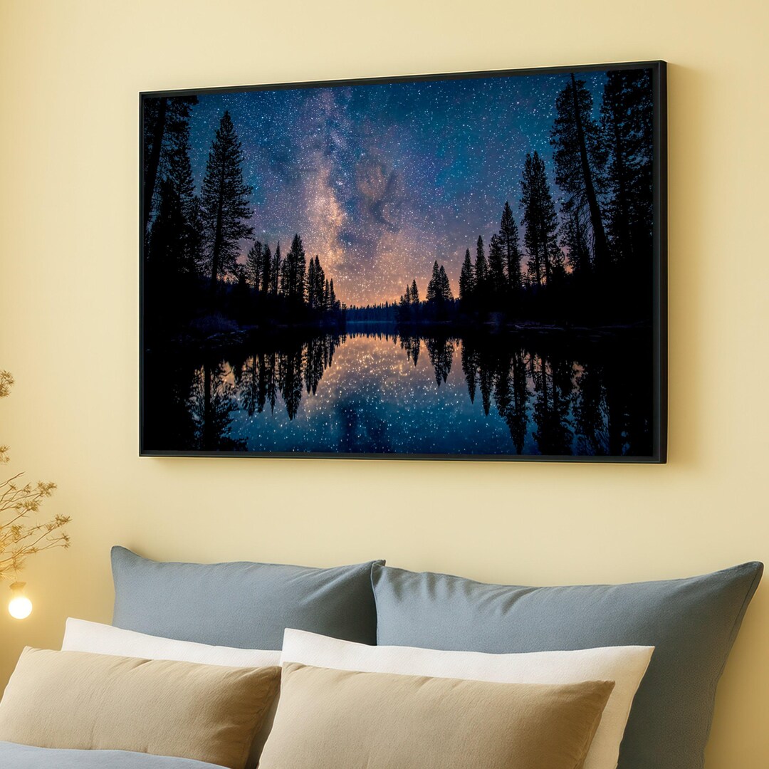 Starry Night Sky Reflection Canvas, Milky Way Over Lake Landscape, Pine ...