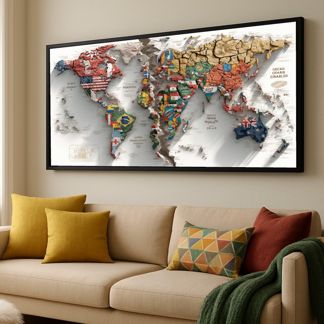 Cracked World Map Canvas, Country Flag Wall Art, Vintage Style Decor - Etsy