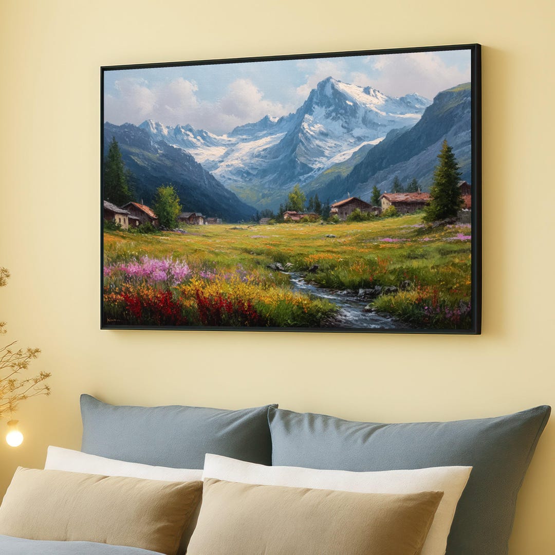 Majestic Snowy Mountain Landscape Canvas, Alpine Meadow Wall Art ...