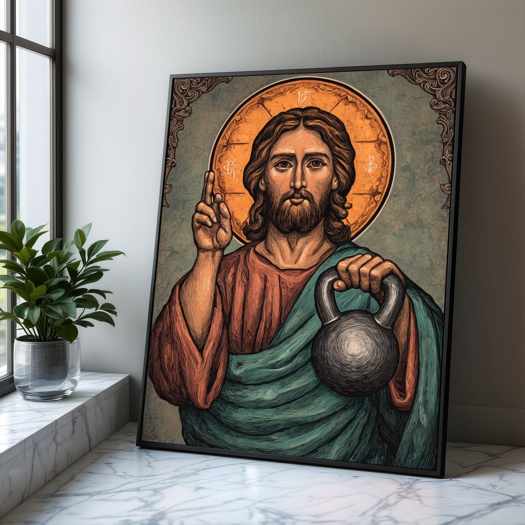 Modern Jesus Kettlebell Canvas Art, Religious Fitness Decor - Etsy