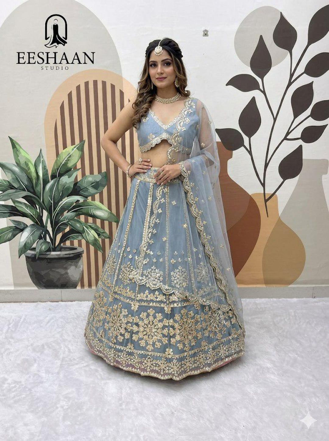 Sky Blue Net Lehenga Choli: Zari Work Indian Wedding Outfit - Etsy