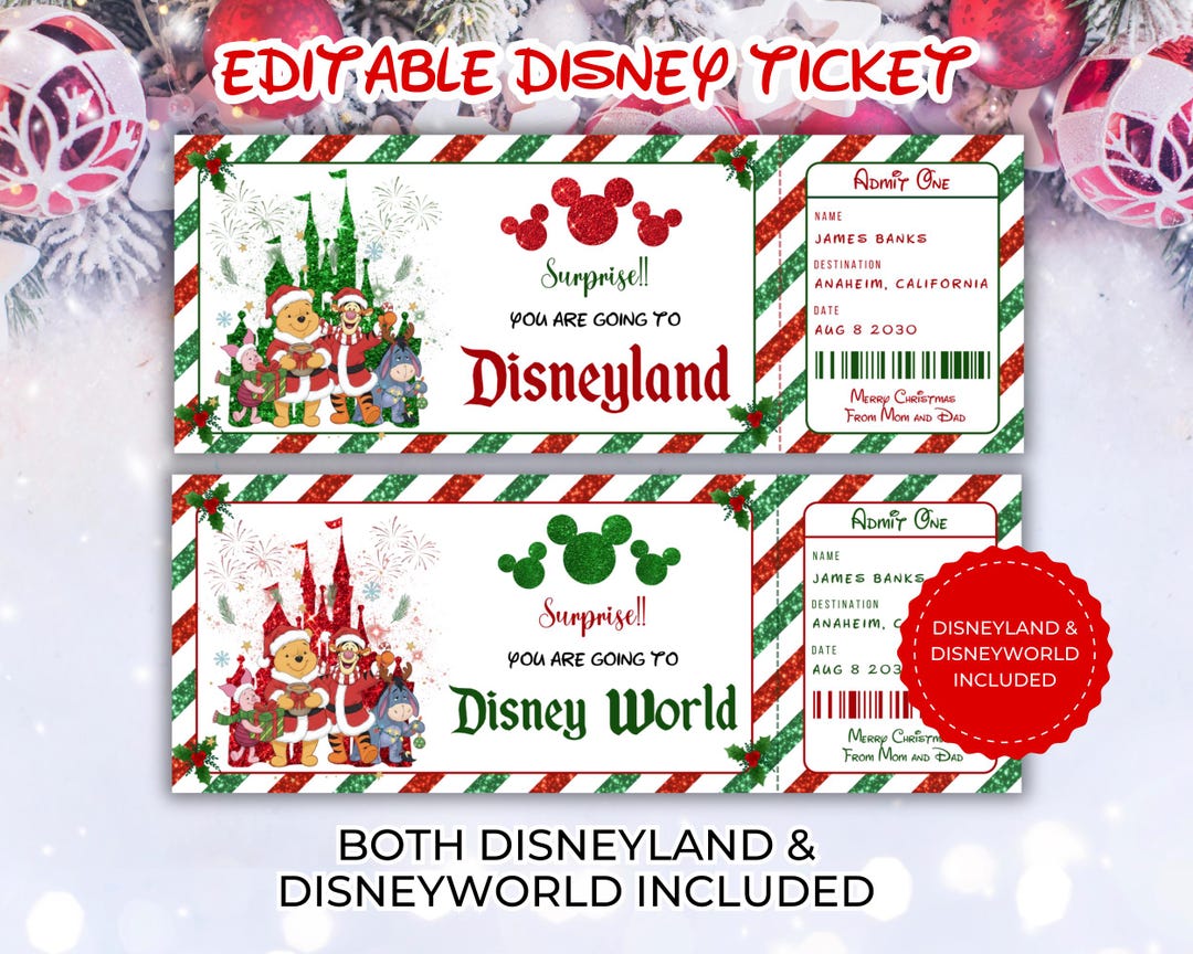 Editable Christmas Disneyland Ticket, Pooh Disneyworld Ticket, Surprise ...
