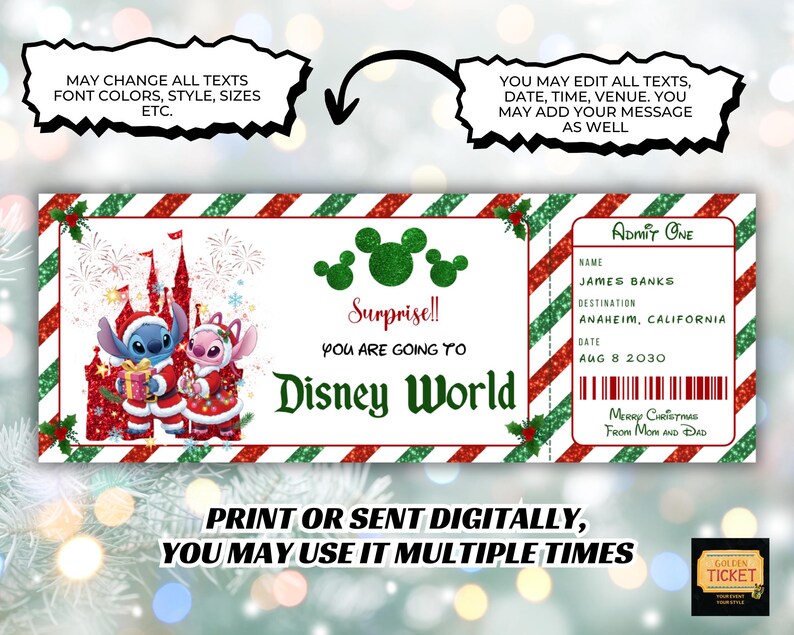 Editable Christmas Disneyland Ticket, Stitch Disneyworld Ticket ...