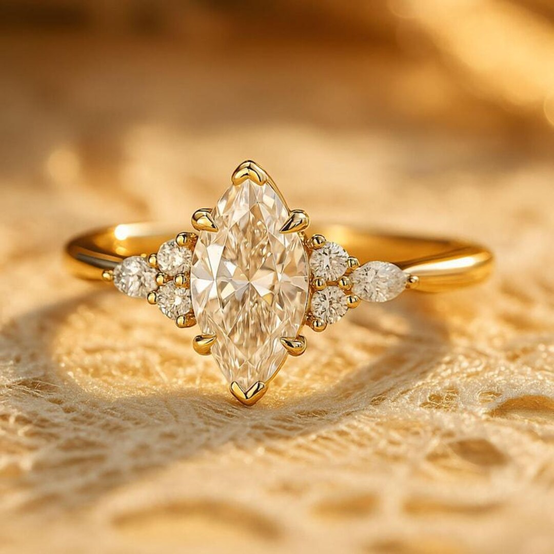 Vintage Marquise Moissanite Engagement Ring, Cluster Diamond 14k Gold ...