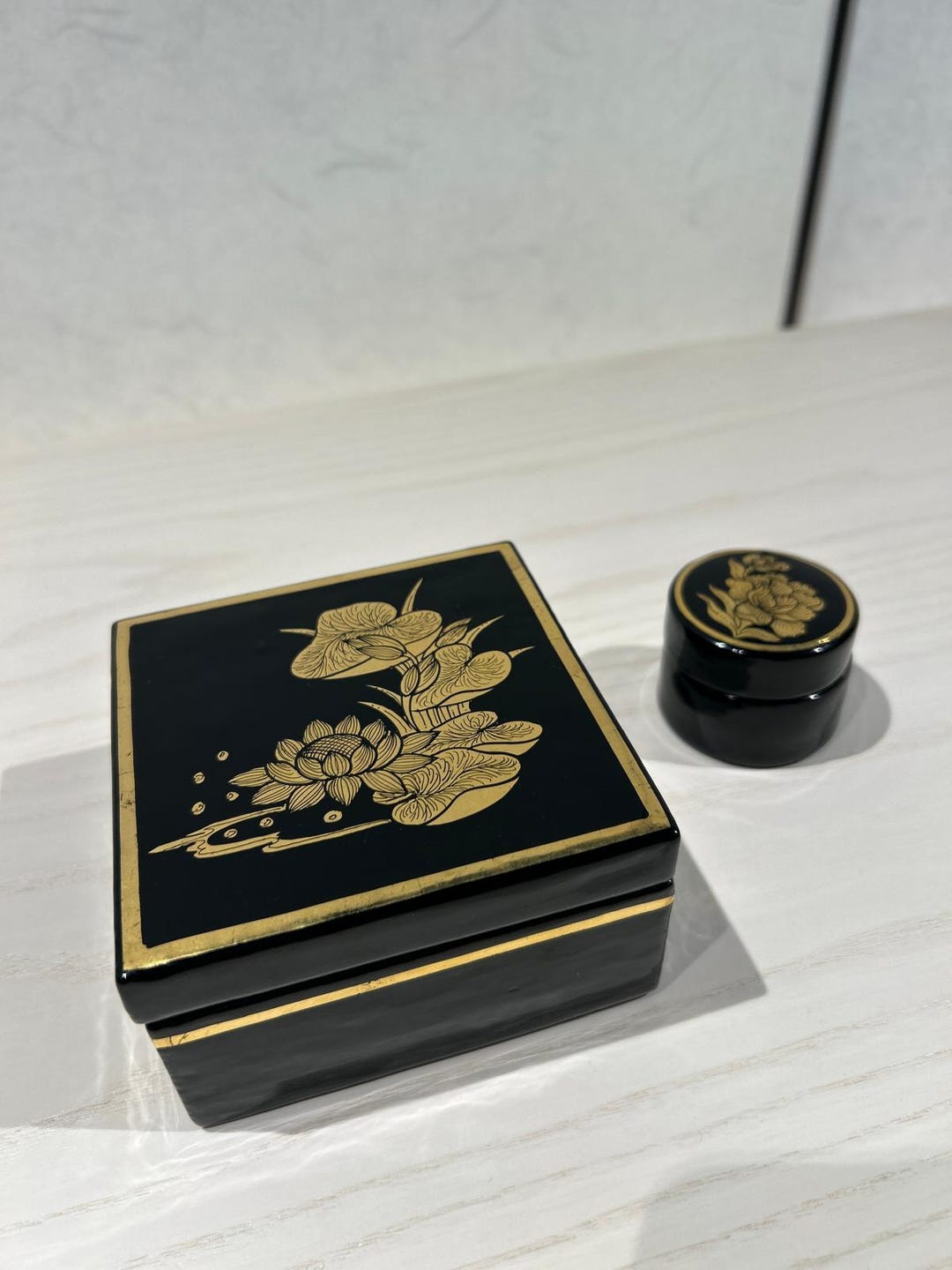 Vintage Black Lacquer Box Set With Gold Floral Design - Etsy