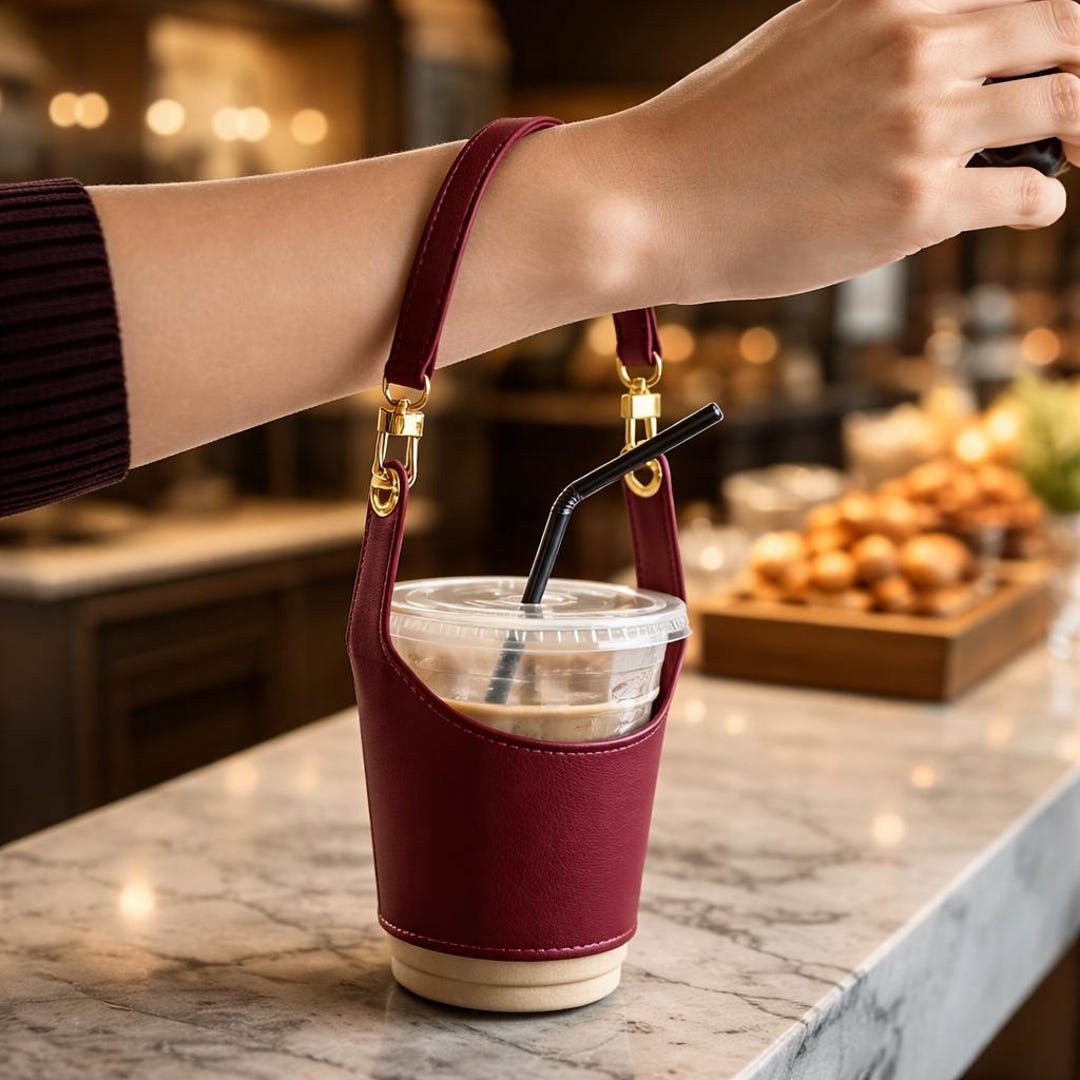 Personalized Leather Cup Holder With Handle – Minimalist Portable ...