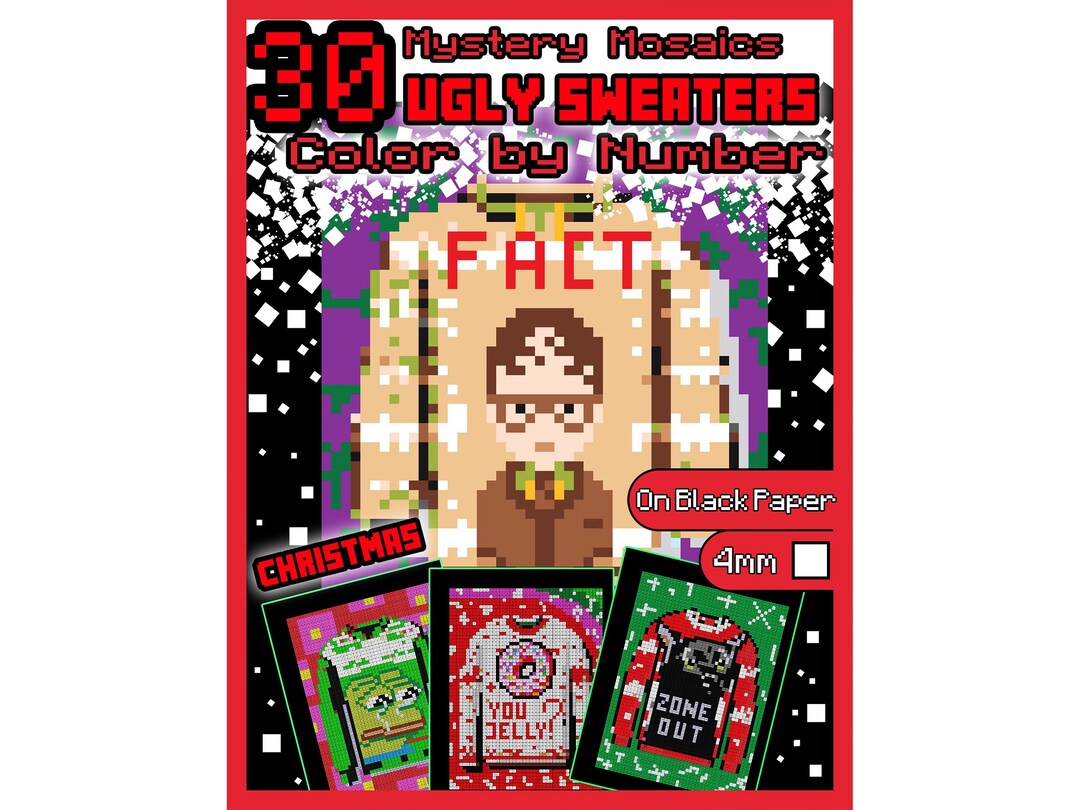 Ugly Christmas Sweaters Color by Number | Mystery Mosaics BLACK Edition ...