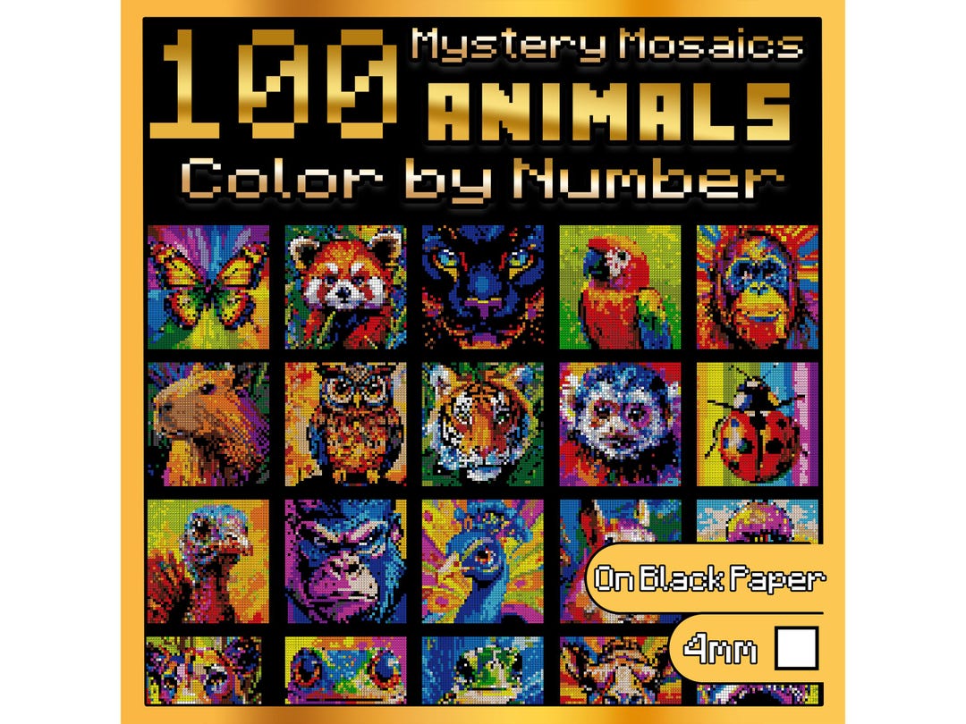 100 Mystery Animals Color by Number | Pixel Art Black Paper Coloring ...