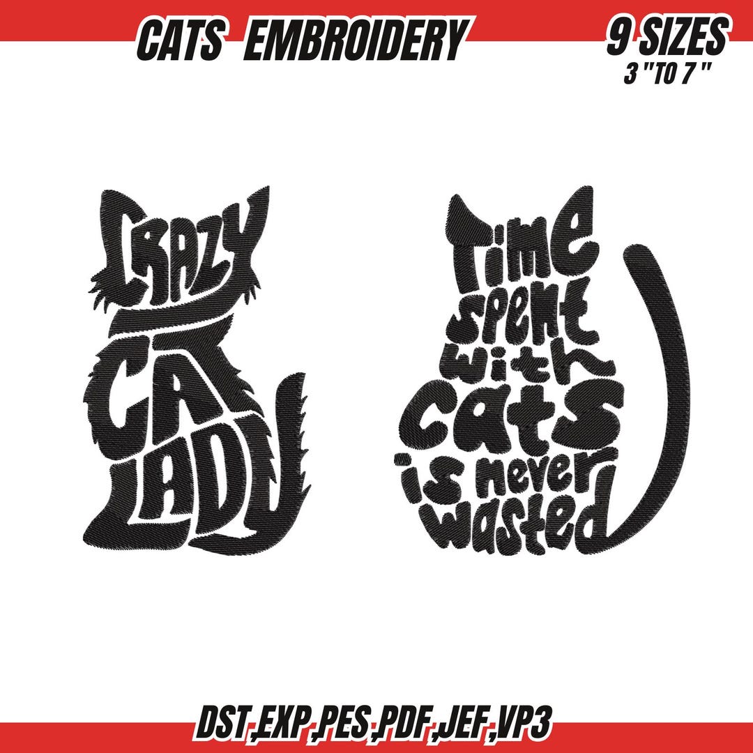 Cats Embroidery Design | Crazy Cat Lady & Cat Quote | Instant Download ...