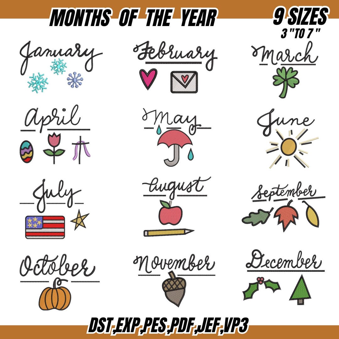 Months of the Year Embroidery Designs: Seasonal Icons Set (digital File ...