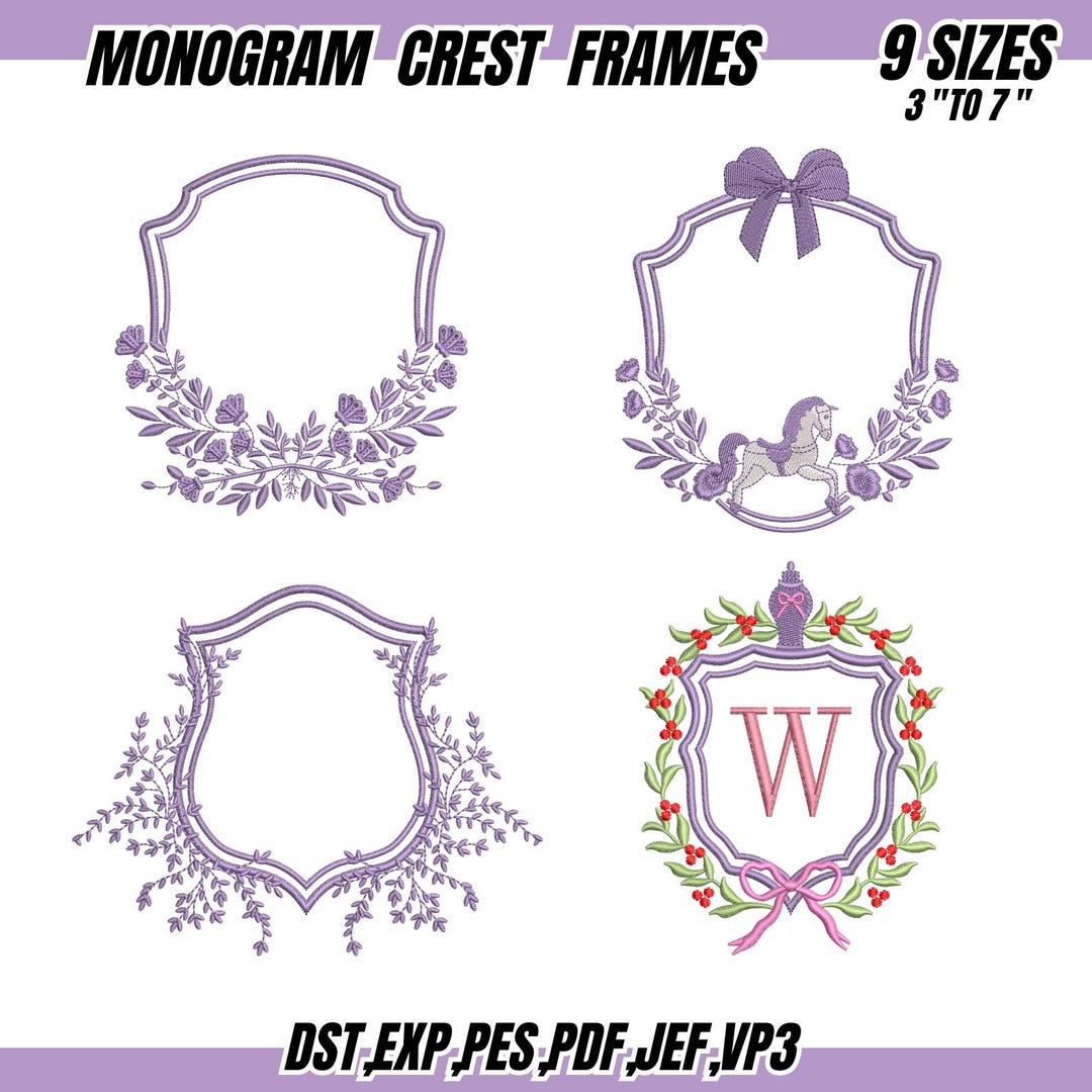 Vintage Wreath Monogram Frame Embroidery Designs, Bow Crest (9 Sizes ...