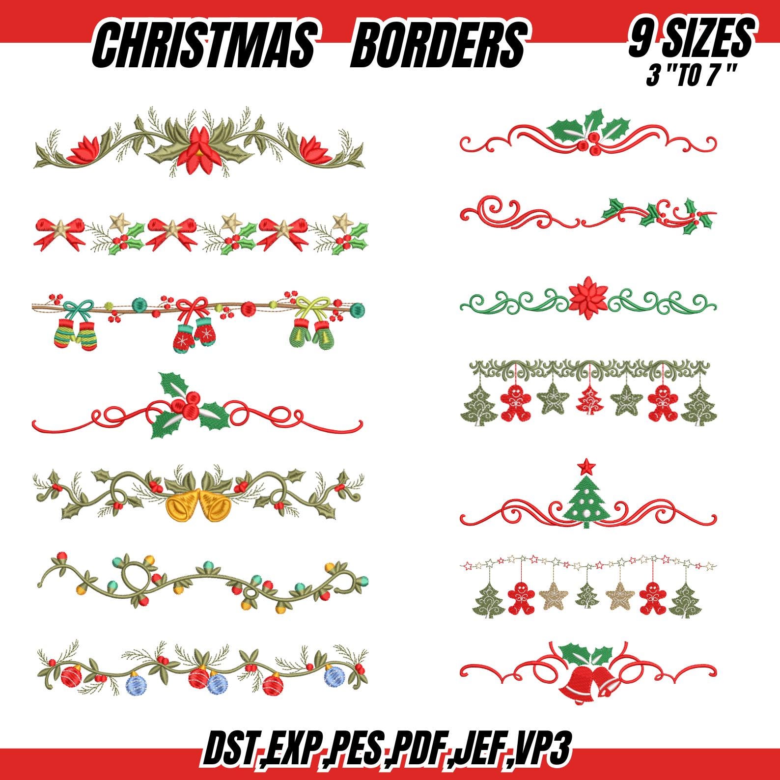 Christmas Borders Embroidery Designs: Holly, Bells, Trees (digital ...