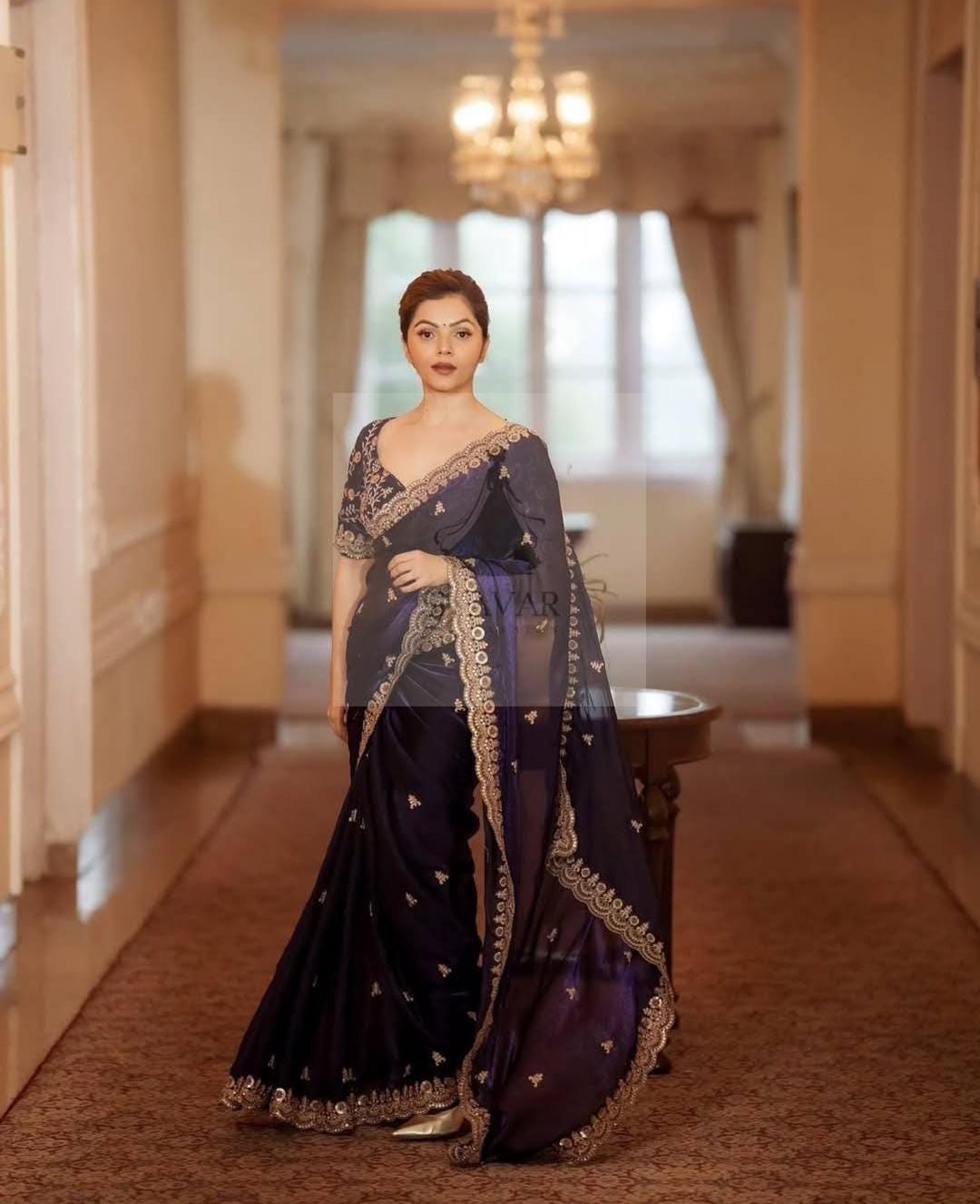 Navy Blue Color Fendy Satin Silk Saree, Jari Dori Embroidery, Cutwork ...